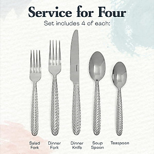 Portmeirion Botanic Garden Flatware Set Service for 4 | Utensil Sets - Dishwasher Safe | Silverware Sets - 18/10 Stainless Steel | Cutlery Set with Triple Leaf Detailing | 20 Piece Set