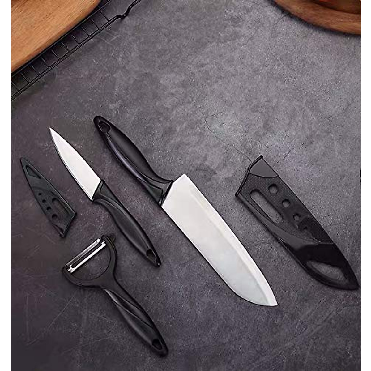 WOLFLAND 3 Pieces Kitchen Knife Set 3.5” Paring knife 7” Santoku Knife w/Protective Covers and Peeler Stainless Steel blade and Ergonomic Black Handle