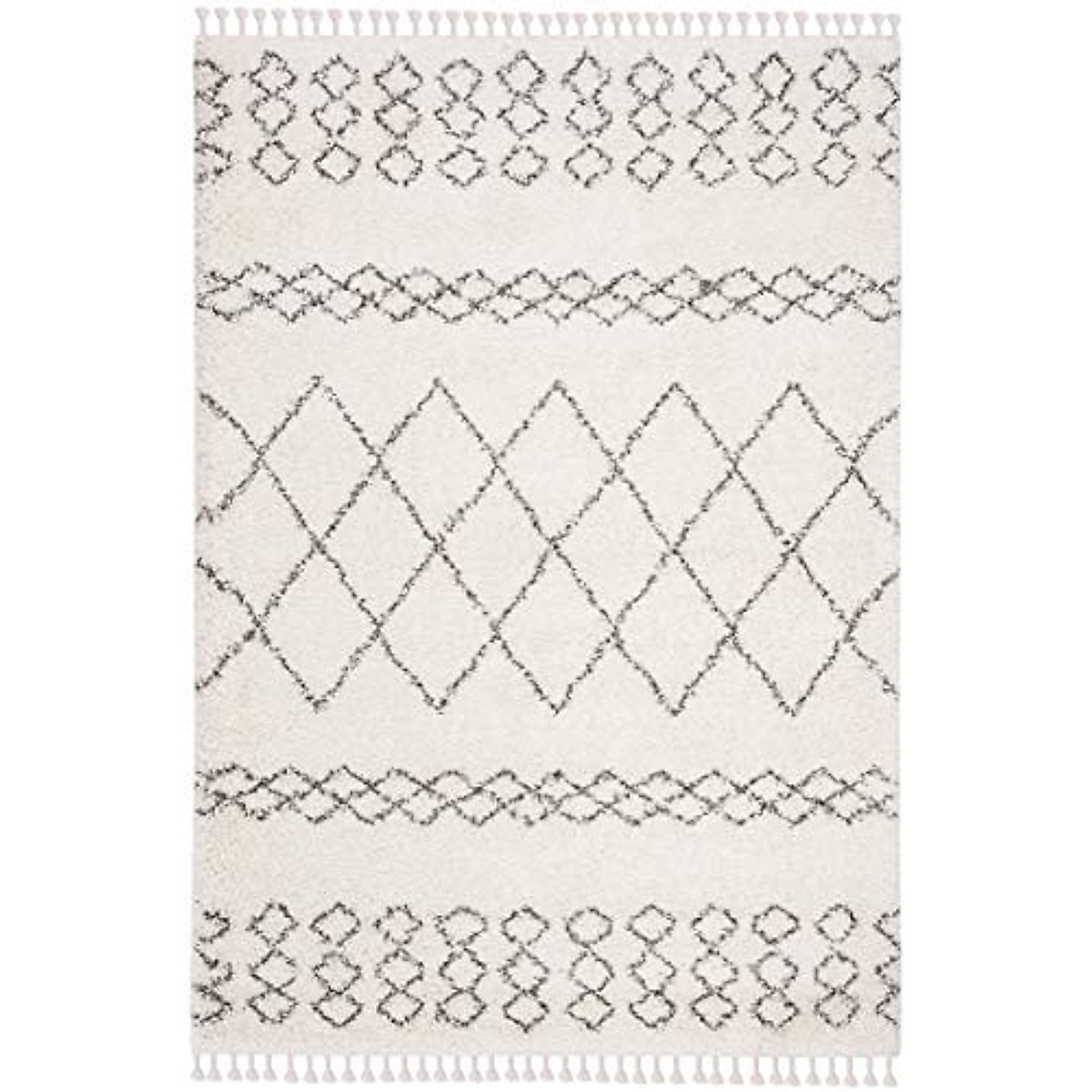 SAFAVIEH Moroccan Fringe Shag Collection 5'3" x 7'6" Ivory/Grey MFG343A Boho Tribal Non-Shedding Living Room Bedroom Dining Room Entryway Plush 2-inch Thick Area Rug