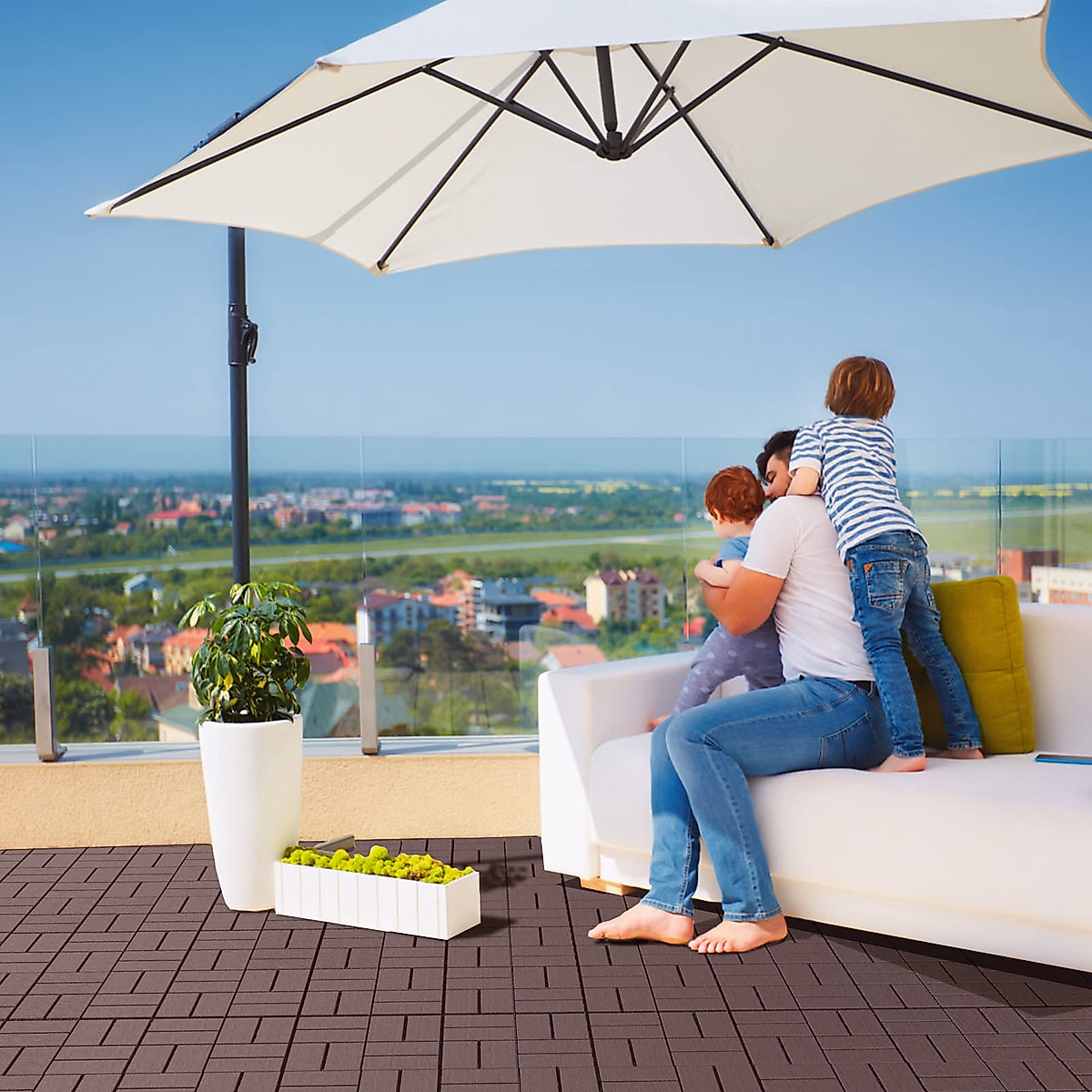 Goovilla Plastic Interlocking Deck Tiles, 27 Pack Outdoor Patio Flooring, 12"x12" Interlocking Decking Tile Outdoor All Weather Use, Waterproof Patio Pavers for Pool Balcony Backyard Porch, Dark Brown