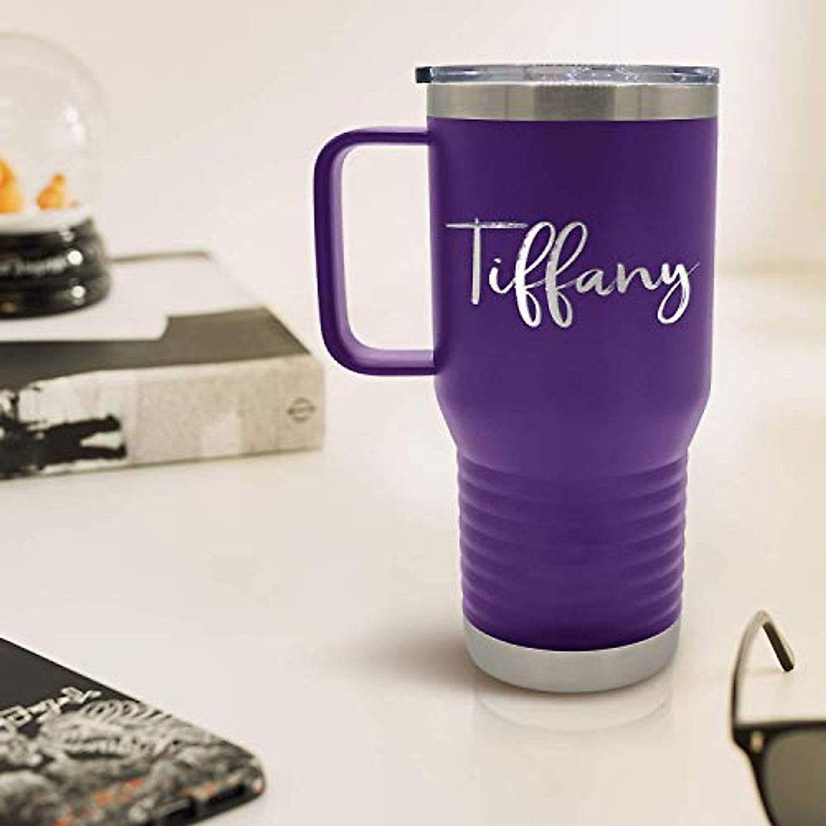 Personalized Travel Mug with Handle and Name Purple Matte Finish Custom Laser Engraved 20 oz Stainless Steel Vacuum Insulated Coffee Cup with Lid