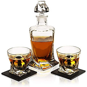 Whiskey Stones & Decanter Gift Set for Men & Women, By The Wine Savant, 2 XL Stainless Steel Whiskey Balls, 2 Twist Glasses, Whiskey Decanter, 2 Coasters, Freezer Pouch & Special Tongs in Pinewood Box