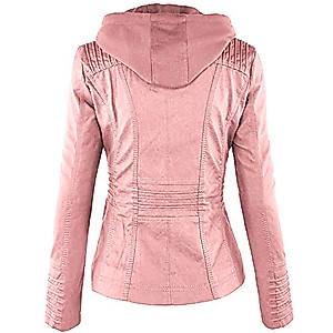 Newbestyle Faux Leather Jacket for Women Casual Moto Biker Jacket Quilted Full-Zip Coat Pink M