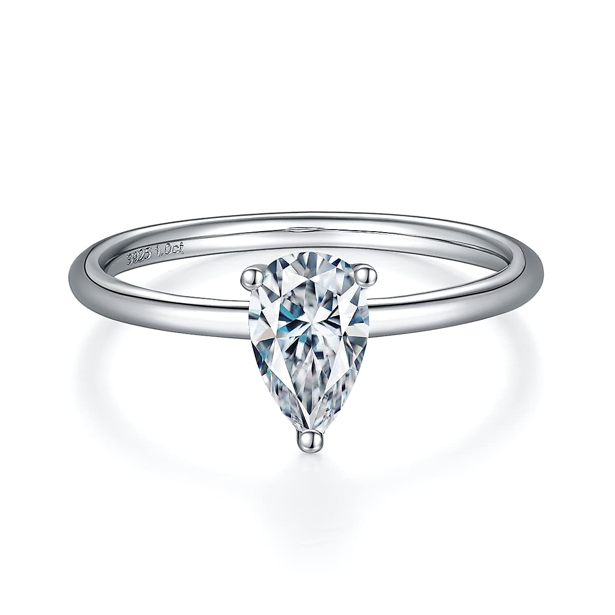 TwoBirch 1 Carat Moissanite Tear Drop Pear Solitaire in Platinum Plated Sterling Silver (CERTIFIED) (Size 6)