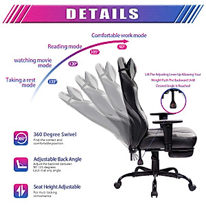 KBest Massage Gaming Chair - High Back Racing PC Computer Desk Office Chair Swivel Ergonomic Executive Leather Chair with Adjustable Back Angle, Armrests and Footrest (Gray)