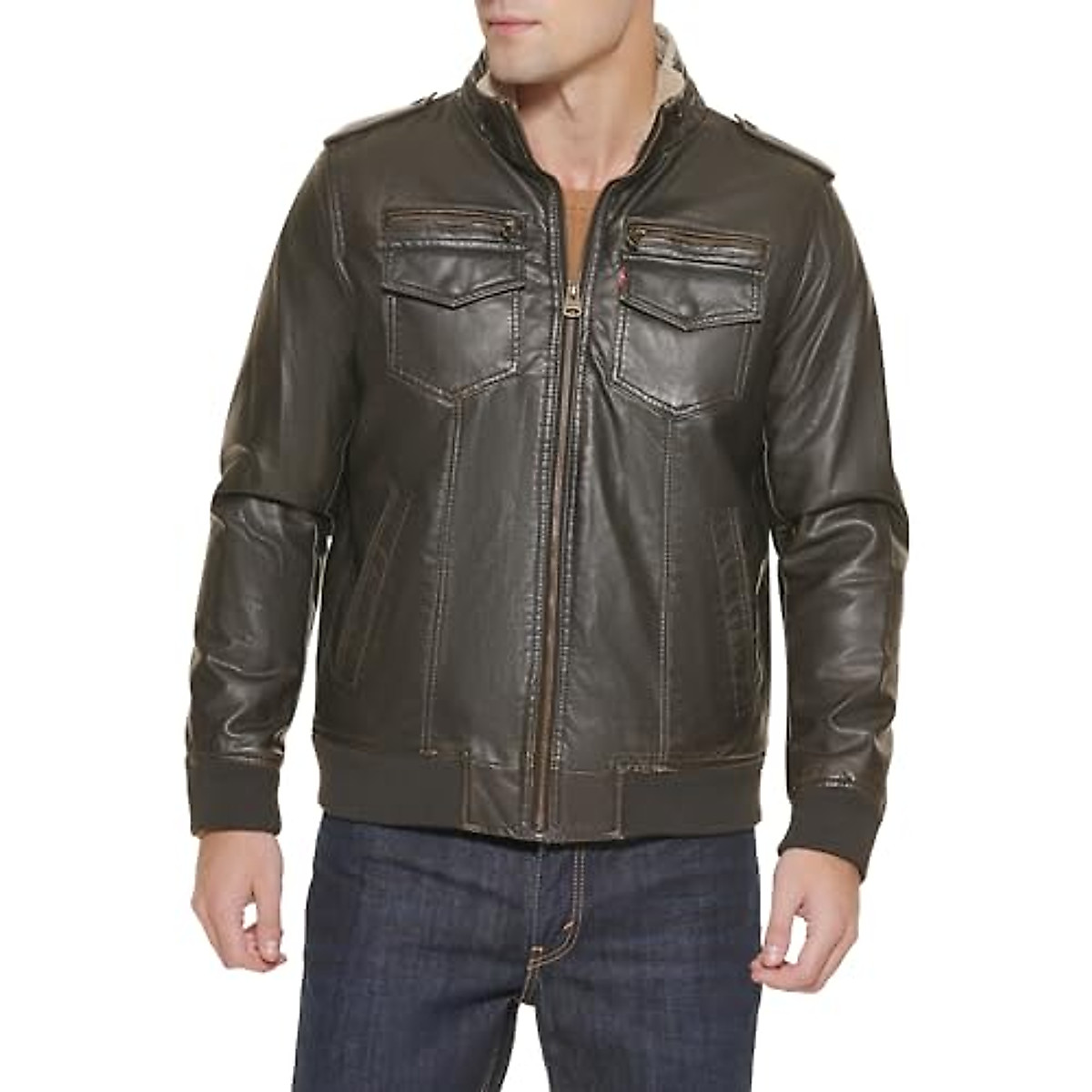 Levi's Men's Faux Leather Aviator Bomber Jacket (Regular & Big & Tall Sizes), Dark Brown/Sherpa Lined, M