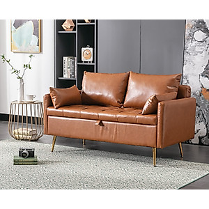 Kmax PU Leather Loveseat Sofa Chair Storage 52” Upholstered Couch Sofa with 4 Pillows Golden Legs for Living Room Small Space, Apartment, Bedroom, Dorm- Brown