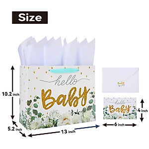 13" Large White Gift Bag Set with Greeting Card and Tissue Papers (Gold Glitter ‘Baby’) for Girls' Birthday Party, Women's Birthday Parties, Baby Shower, Baby Girl or Boy - 13”x5.2”x10.2”, 1 Pcs.