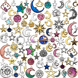 160 Pcs Bracelet Charms, Mixed Antique Sun Star Moon Charm Pendant Plated Celestial Charm for Jewelry Making (Silver, Gold, Blue, Purple)