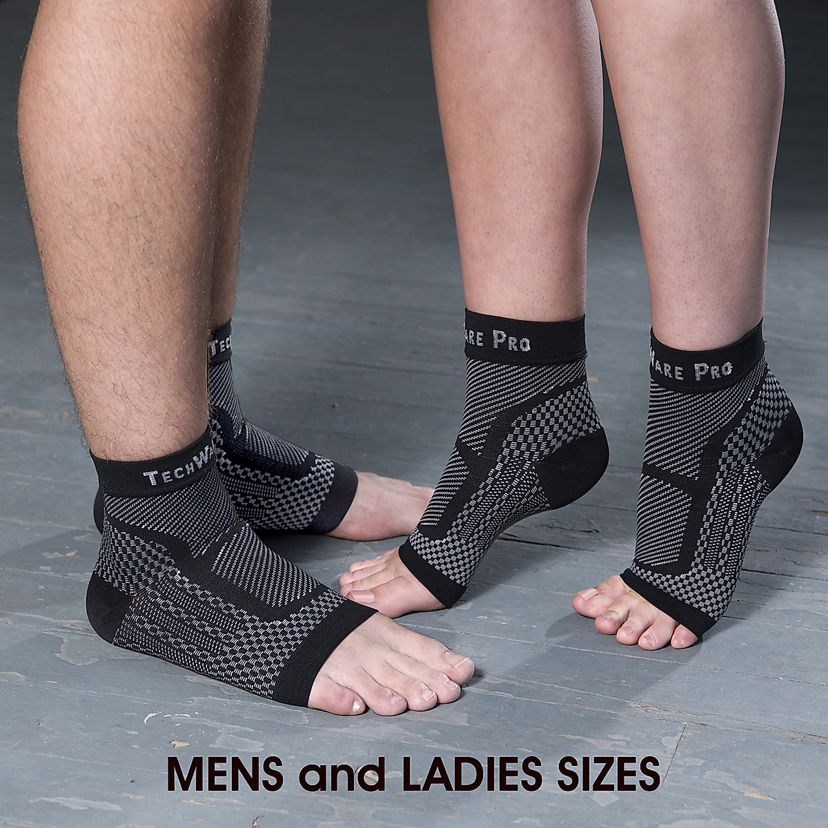 TechWare Pro Ankle Brace Compression Sleeve - Relieves Achilles Tendonitis, Joint Pain. Plantar Fasciitis Foot Sock with Arch Support Reduces Swelling & Heel Spur Pain. (Black/Gray XXL)