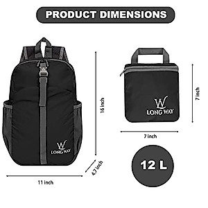 Long Way 12L Lightweight Packable Hiking Backpack Water Resistant Foldable Travel Camping Daypack Black