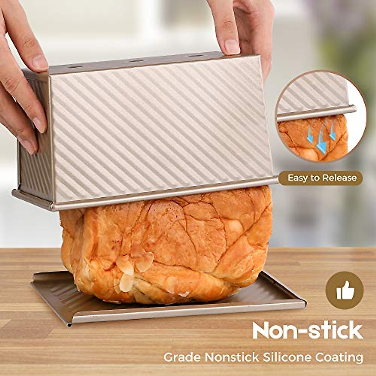 AMAGABELI GARDEN & HOME Pullman Loaf Pan with Lid Nonstick Bakeware Bread Boxes 8.4”x4.5”x4.1” Carbon Steel Corrugated Bread Toast Box Mold for Cooking Oven Baking Roasting Toaster Bake Mold Golden