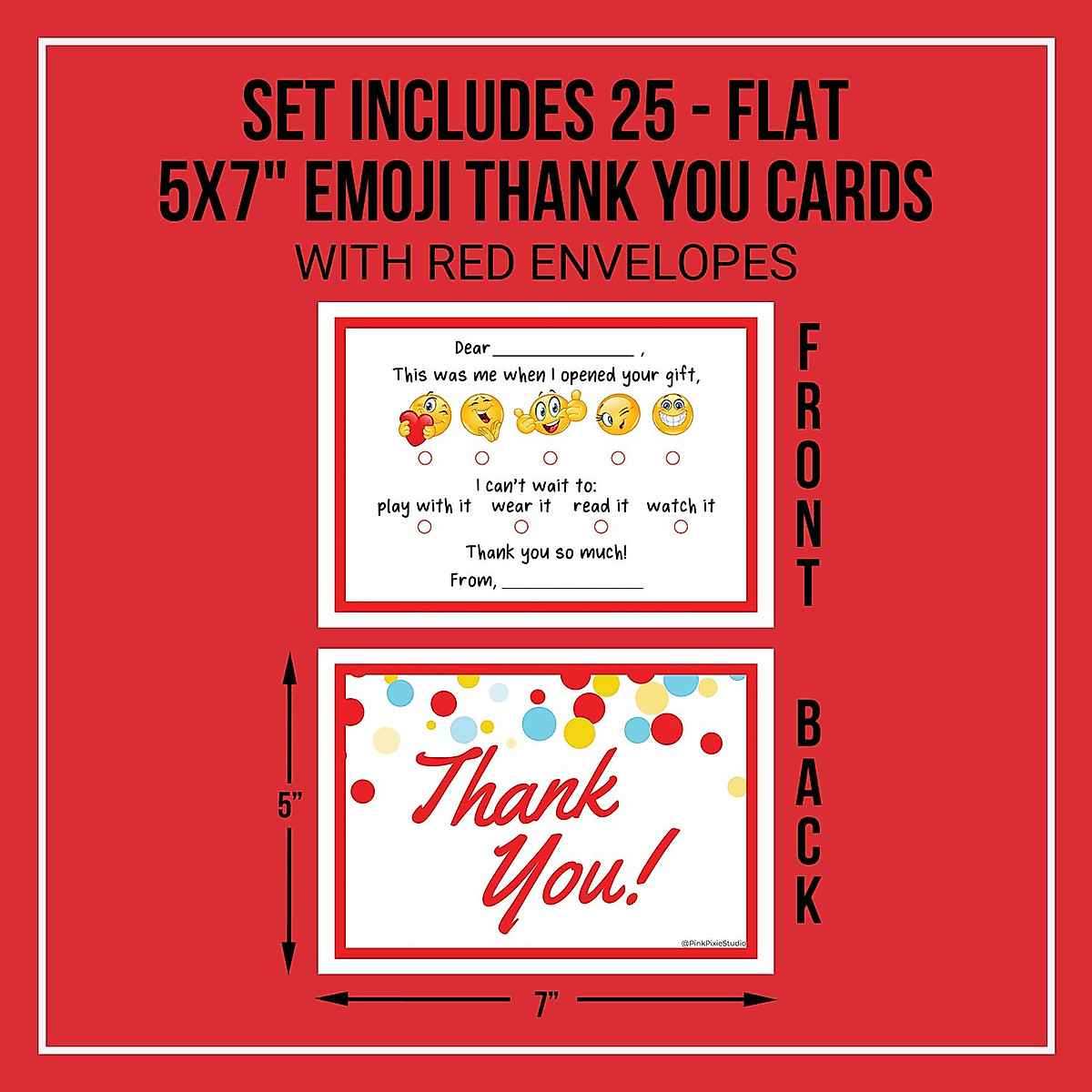 Kids Fill in the Blank Emoji Thank You Notes 5 x 7" - 25 Cards with Red Envelopes Fun, Easy Gender Neutral Thank Yous for Boys or Girls