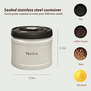NETTIA Coffee canister 37OZ,Large Capacity Sealed Stainless Steel Food Container, Pressing to extract air type,Beige, 5.2" x 5.9"