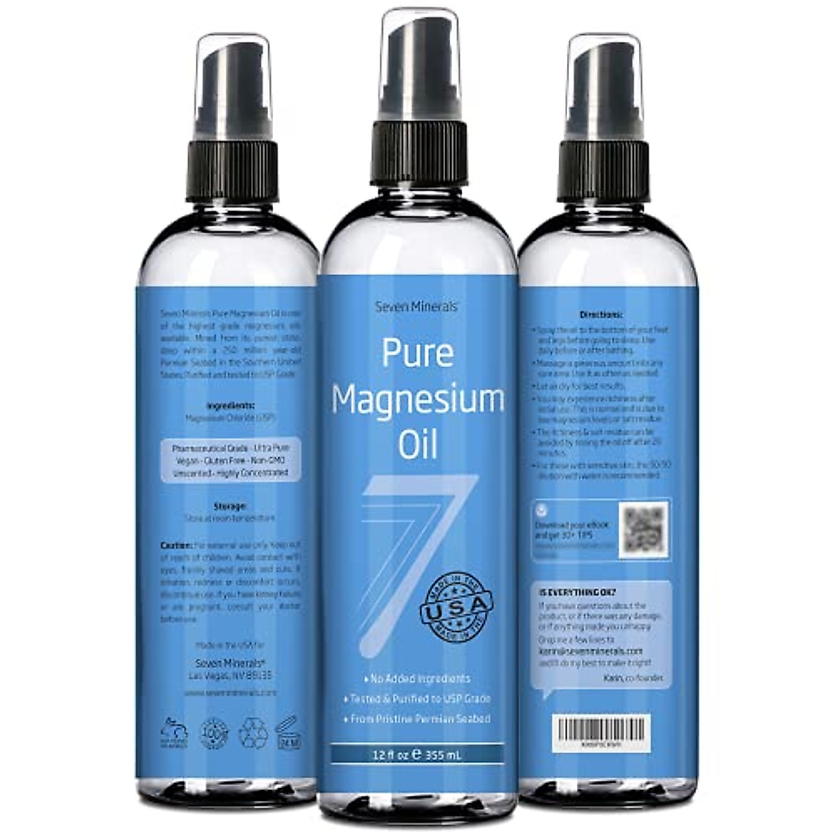 Pure Magnesium Oil Spray - Big 12 fl oz (Lasts 9 Months) 100% Natural, USP Grade = No Unhealthy Trace Minerals - from an Ancient Underground Permian Seabed in USA - Free Ebook Included