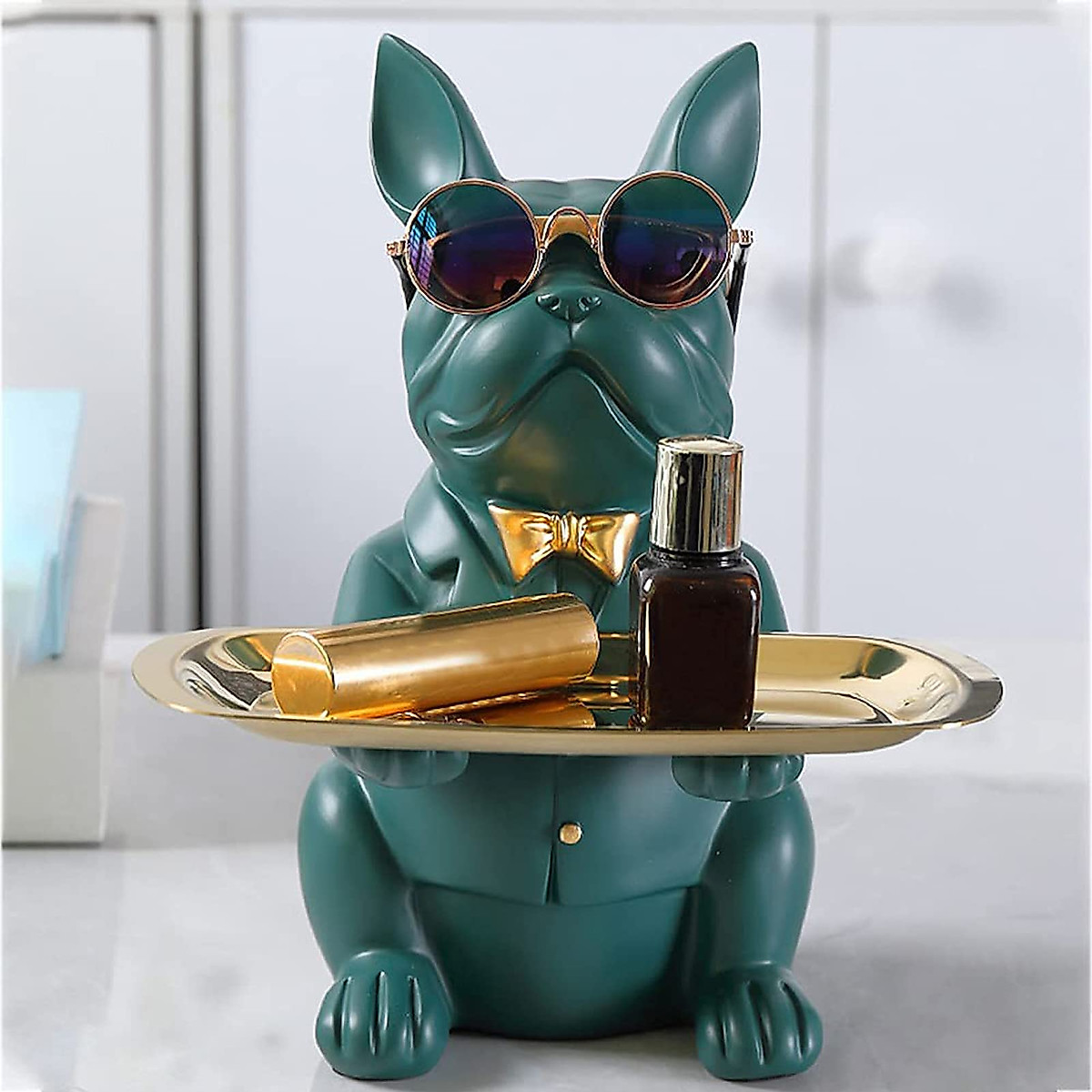 YAYONG French Bulldog Statue Home Decor Storage Tray Coin Bank Entrance Key Snack Holder Art Dog Statue, Home Garden Bar Decor Desktop Ornament, Length 17CM Width 8.5CM