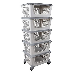 Xyskin Pack of 5 Stacking Storage Basket, Detachable Storage Shelves Bins with Wheels