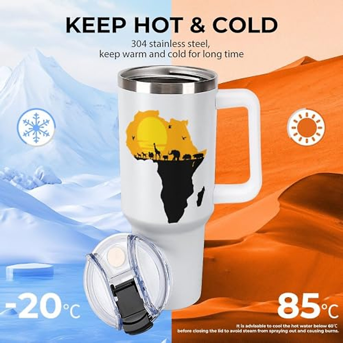 African Map with Wild Animals 40oz Water Bottle Double Wall Insulated Tumbler with Handle Leakproof Travel Mug White-style