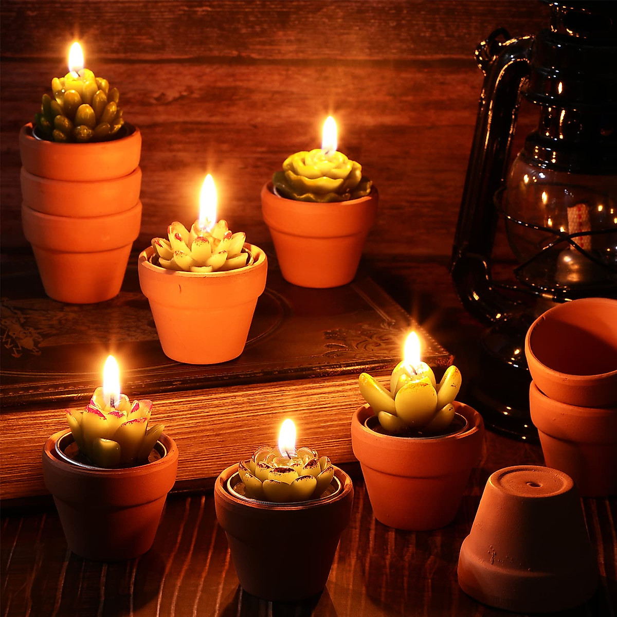 6 Pcs Succulent Candles Decorative Cactus Tealight Candle Novelty Tea Lights Handmade Baby Shower Candle Decorations Stylish Plant Candle with Mini Terracotta Clay Candle Holders for Birthday Wedding