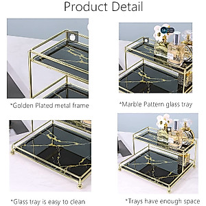 Simmer Stone Makeup Organizer Shelf, 2-Tier Cosmetic Storage Basket with Glass Tray, Wire Vanity Organizer Rack for Bathroom, Countertop, Dresser and More, Medium Size