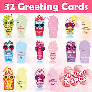 Valentines Day Cards, 32 Pack Crazy Straws Bulk, Silly Straws for Kids Colorful Valentine Exchange Cards Loop Reusable Drinking Straws Valentine Gifts for Classroom Boys Girl School Party Game Favor