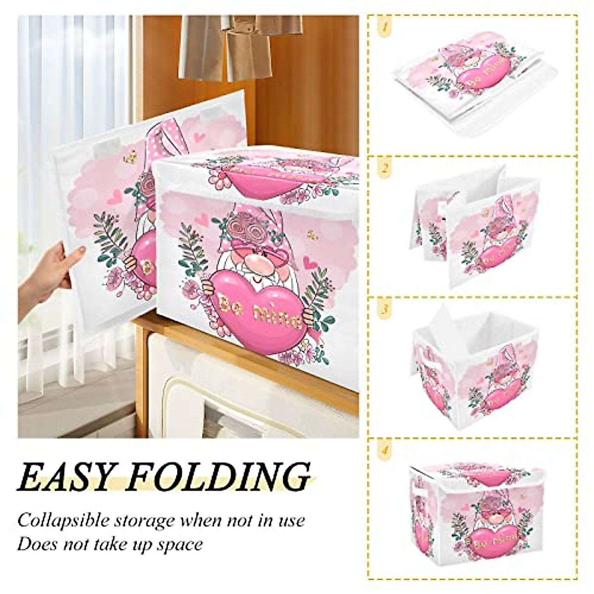 DOMIKING Valentine Gnome Heart Large Storage Bin with Lid Collapsible Shelf Baskets Box with Handles Toys Organizer for Nursery Drawer Shelves Cabinet