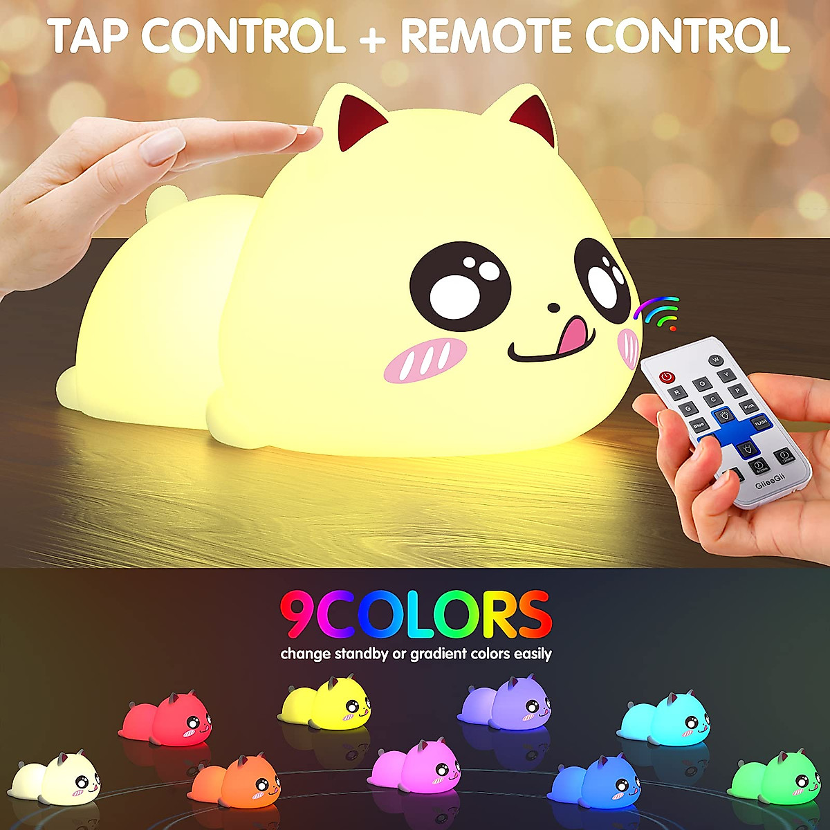 GiieeGii Silicone Cat Night Light for Kids, Cute Kitty Lamp Gifts Teen Girl Boys, with 9 Colors Change Auto Timing Dimmable Kawaii Animal Baby Night Light for Bedroom