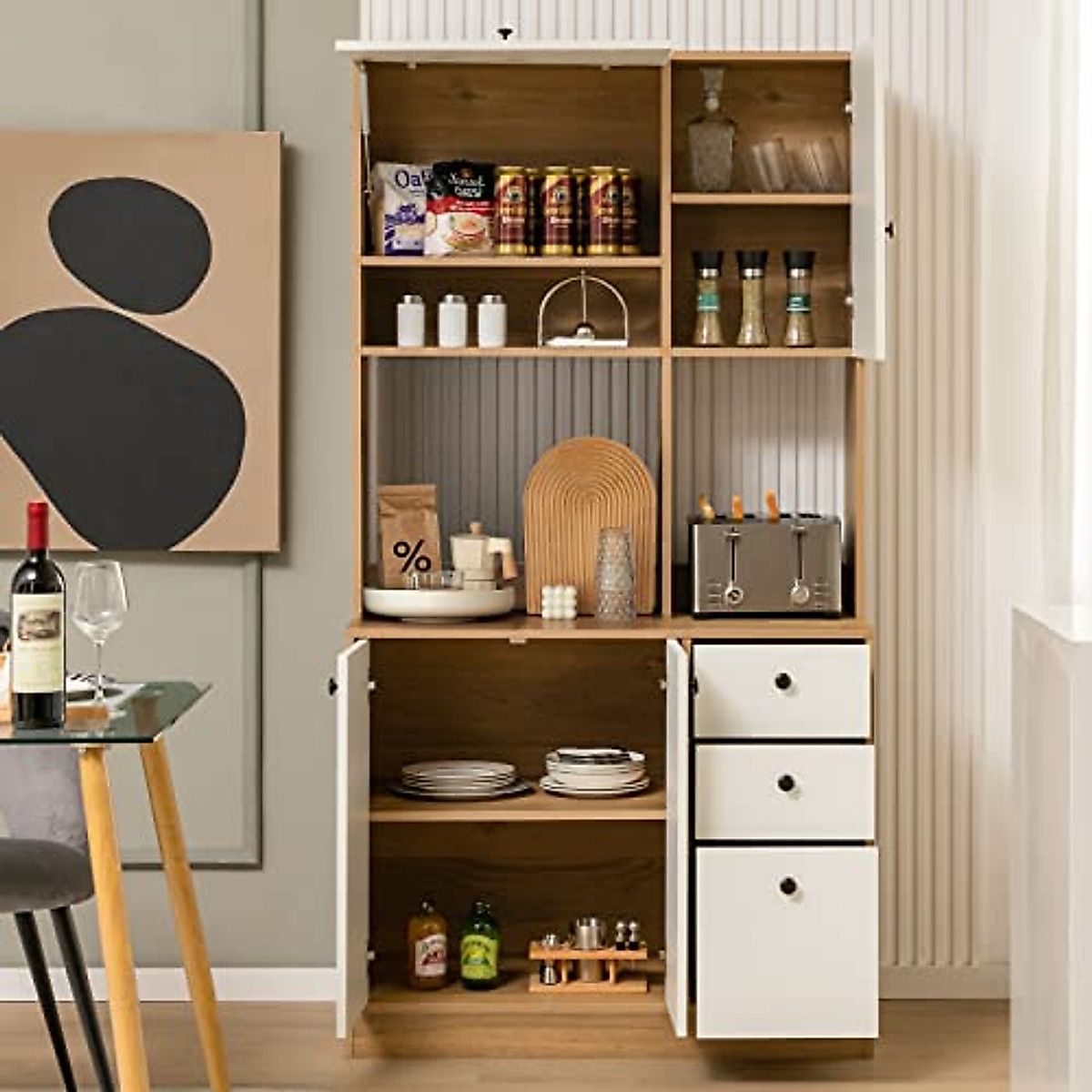 Giantex Kitchen Pantry, Buffet Hutch with 3 Storage Cabinet, 71'' Floor Large Cupboard with 3 Deep Drawers, Wide Countertop, Adjustable Shelves, Tall Sideboard (White & Natural)