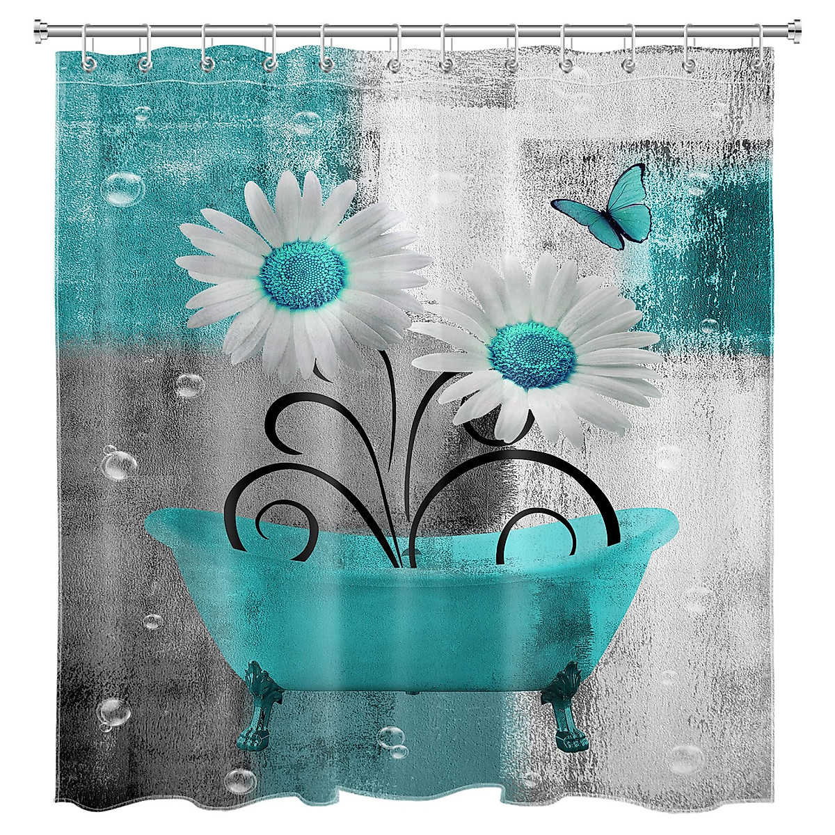 LB Rustic Teal Floral Shower Curtain for Bathroom, Country Daisy Flower and Butterfly Fabric Shower Curtain with Hooks, Geometric Grey and White Bathroom Curtain Shower Set, 72" W x 78" L