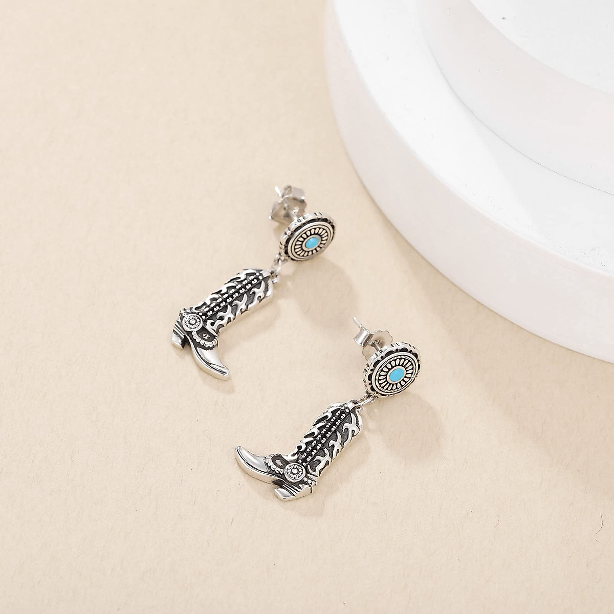 Cow Boot Earrings 925 Sterling Silver Cow Texas Boots Dangle Drop Earrings Country Western Jewelry for Women