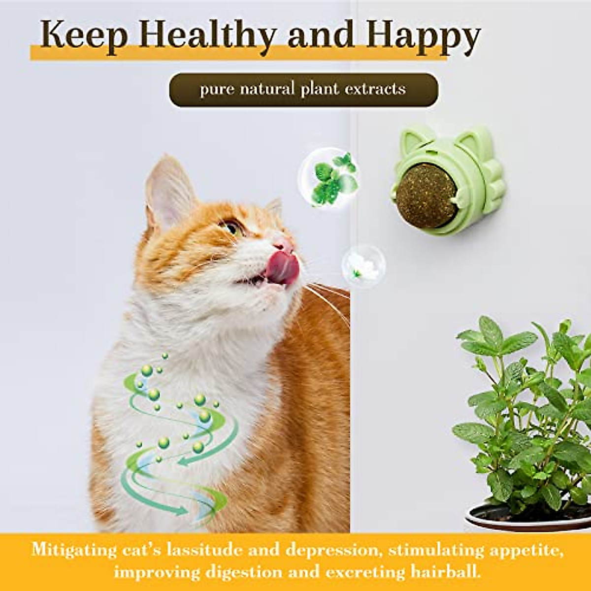 PODOO Catnip Toys for Cats, 3 Pack Edible Balls for Teeth Cleaning, Self-Adhesive and Rotatable Kitten Chew Toy, Safe and Healthy Wall Cat Toys
