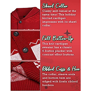 COOFANDY Mens Ugly Christmas Xmas Reindeer Snowflake Button Front Long Sleeve Shawl Collar Cardigan (Red M)