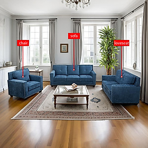 XRYZHC 1+2+3 Modular Sofa Set,Blue Linen 3-Piece Living Room Sofa Set, Including Single Chair, Loveseat, 3-Person Sofa,Rectangular Armrests,Rivet Decoration