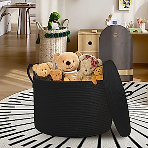 HONCESTA 18" X 14" Large Black Basket with Lid, Cotton Rope Storage Basket for Blanket, Toy, Pillow, Towel, Living Room Bedroom Storage Bin, Wicker Woven Basket, All Black Organizing Basket with Cover