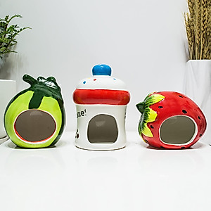 A/A Hamster Hideout Ceramic Pet House Cartoon Shape Hamster House Mini Hut Cage Critter Bath House for Chinchilla Hamster (Strawberry)