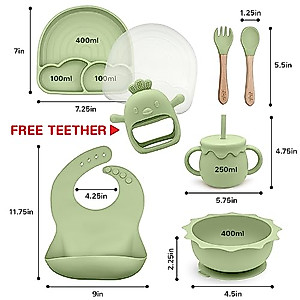 Baby Silicone Feeding Set - BPA Free Baby Led Weaning Supplies With Suction Bowl, Rainbow Divided Plate, Spoons, Forks, Sippy Cup Adjustable Bib, Teether - Self Feeding Dish Set for 6+Months (Olive)