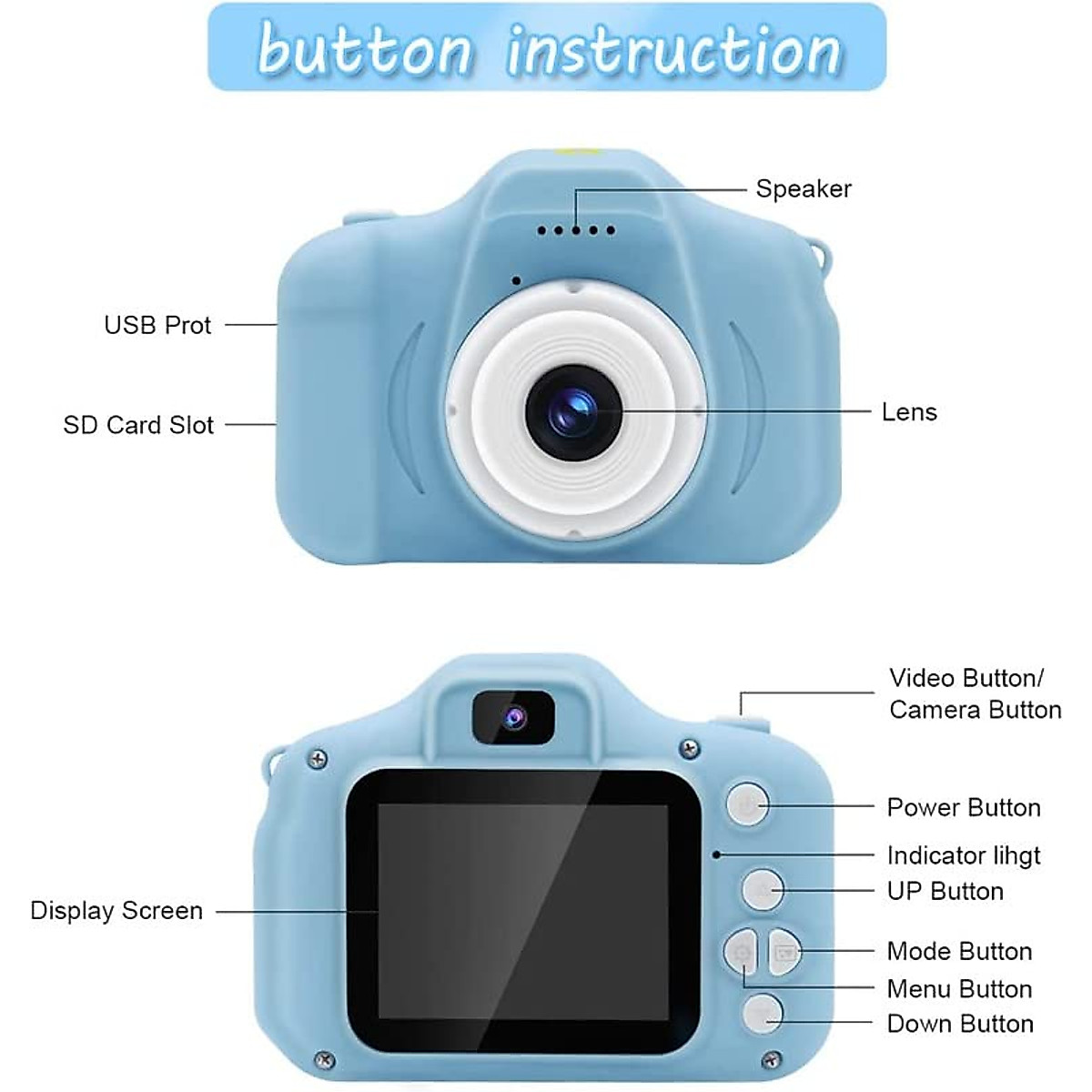 Kids Camera, 1080P Video 2.0-inch Screen Front and Rear Camera Digital Cameras for Boys and Girls Gift Age 3-9 Years,Blue