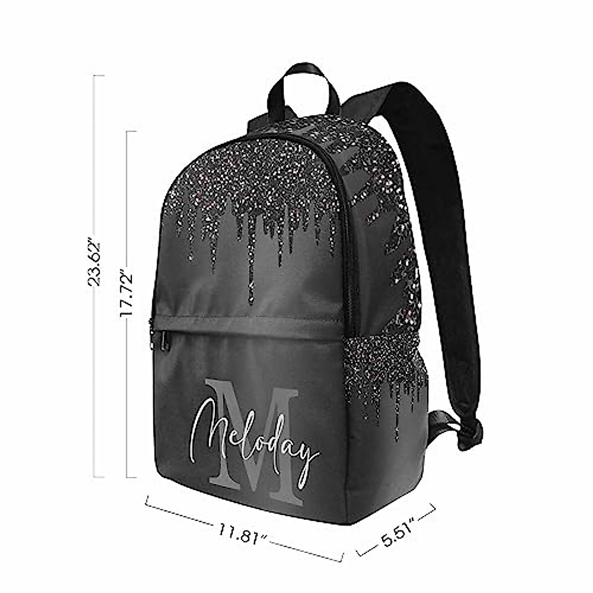Personalized Casual Daypack School Bag with Name for Students Back School Gift, Custom Black Sparkle Drip Monogram Lunch Box Bag Backpack Shoulder Bag Book Bag Travel Knapsack for Men Women Hiking