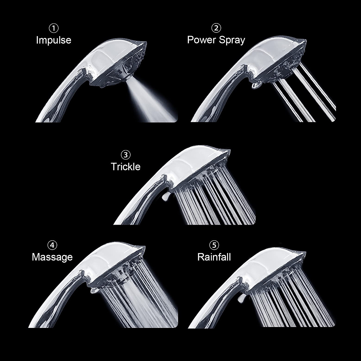 Klabb shower set K-9 High Pressure 4.3 inches Chrome Face Handheld Shower with Hose with 5 function.impluse+trickle+massage+spray+rainfall