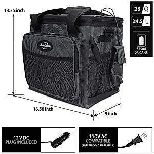 Koolatron Thermoelectric Iceless 12V Cooler Bag, 26 qt (25 L) Black/Gray Soft-Sided Portable Car Fridge w/DC Power Cord, Adjustable Shoulder Strap, Cord Storage, Travel Fishing Trucking Road Trip