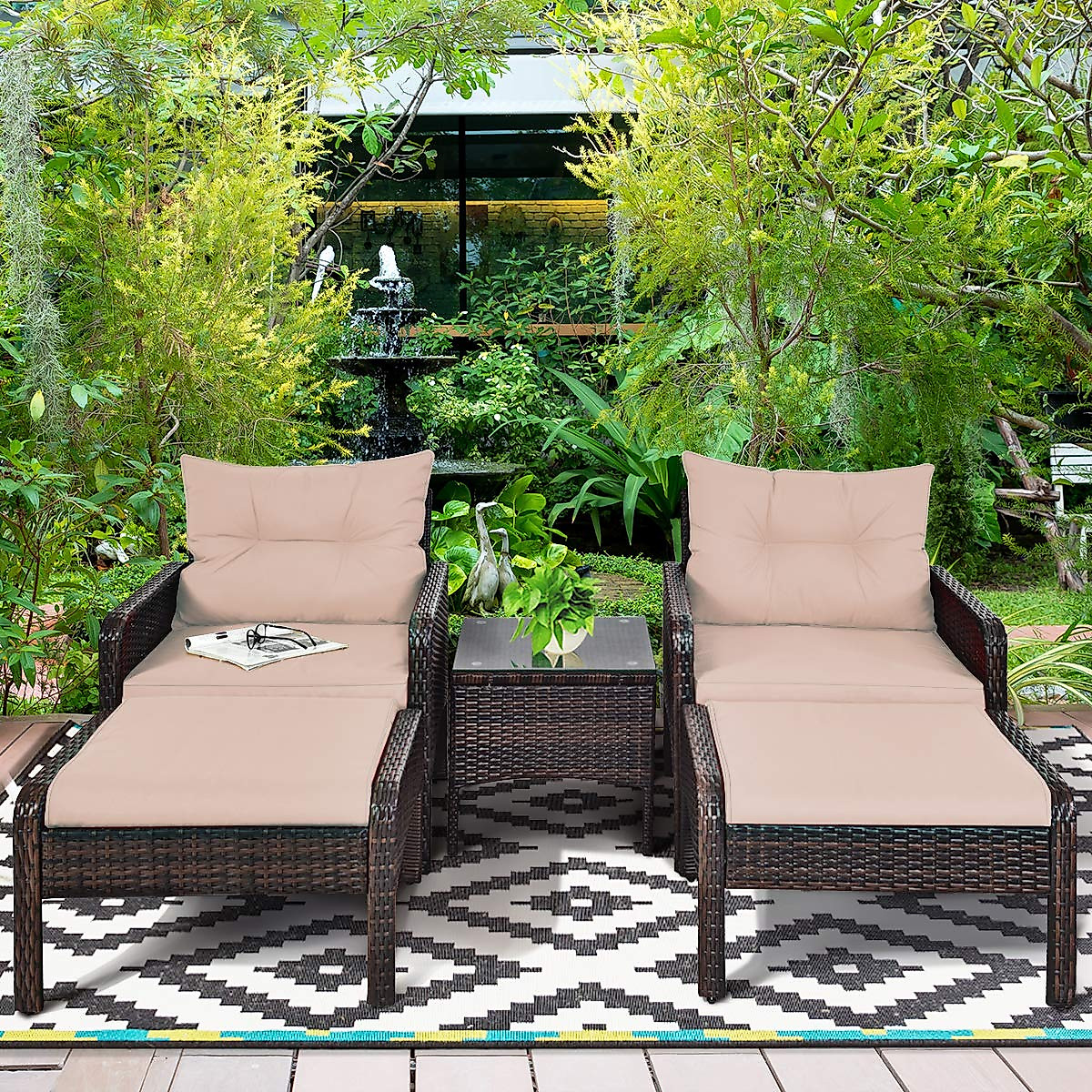 Tangkula Wicker Furniture Set 5 Pieces PE Wicker Rattan Outdoor All Weather Cushioned Sofas and Ottoman Set Lawn Pool Balcony Conversation Set Chat Set