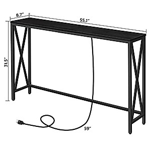 MAHANCRIS 55.1" Console Table with Power Outlet, Narrow Sofa Table, Farmhouse Sofa Couch Table with Charging Station, Sturdy and Durable, for Entryway, Living Room, Foyer, Black CTHB8301
