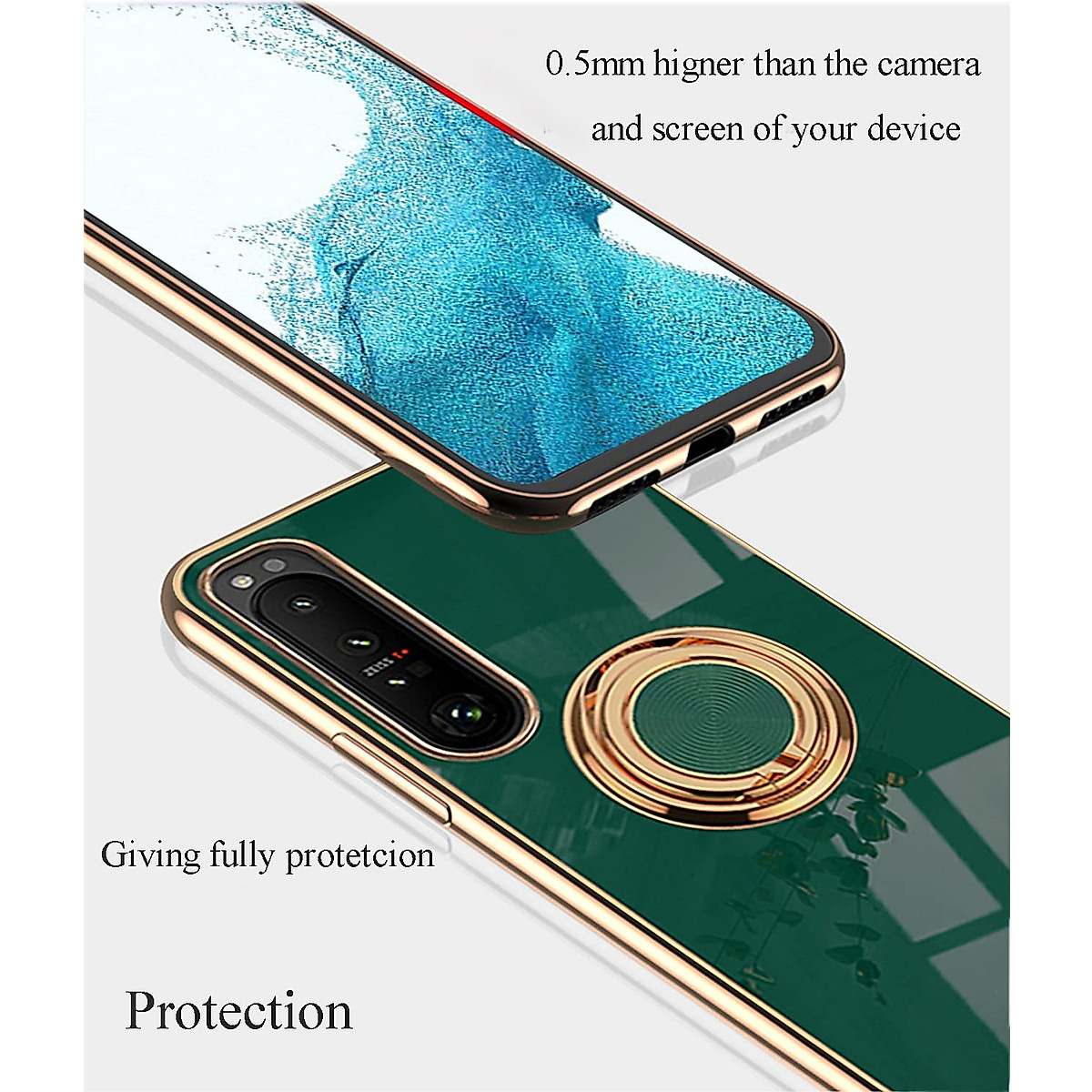 Yarxiawin Compatible with Sony Xperia 1 III Case with Ring Holder Pink, Aesthetic Sony Xperia 1 III Phone Case Silicone Soft TPU Slim Cover Shockproof Luxury with Kickstand (Dark Green)