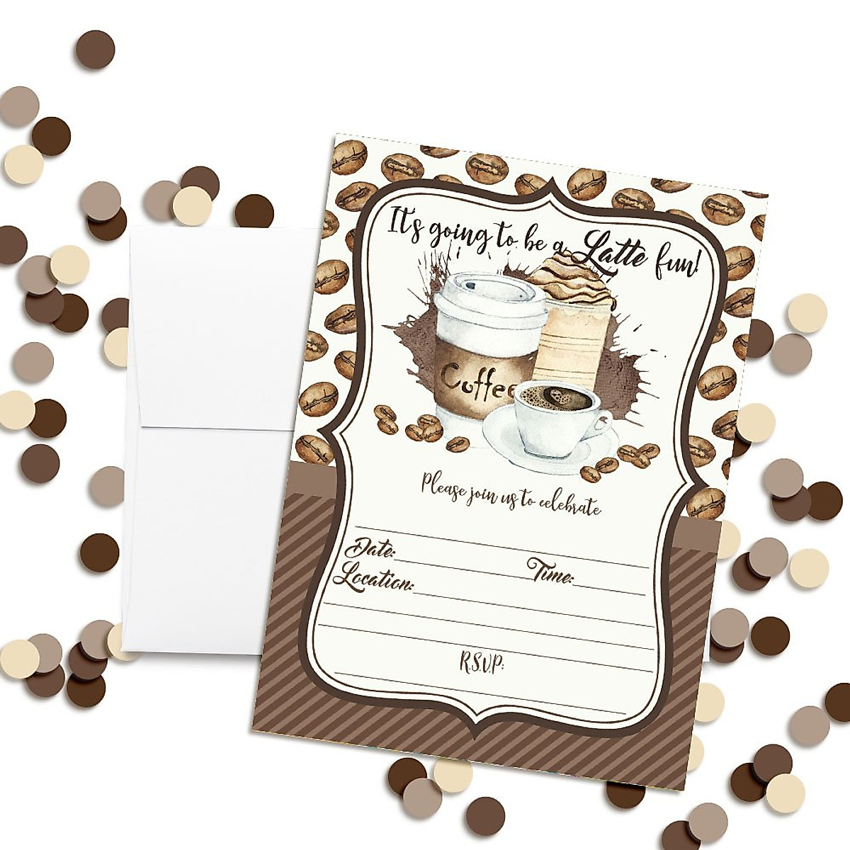 Watercolor Coffee Latte Fun Birthday Party Invitations, 20 5x7 Fill In Cards with Twenty White Envelopes by AmandaCreation