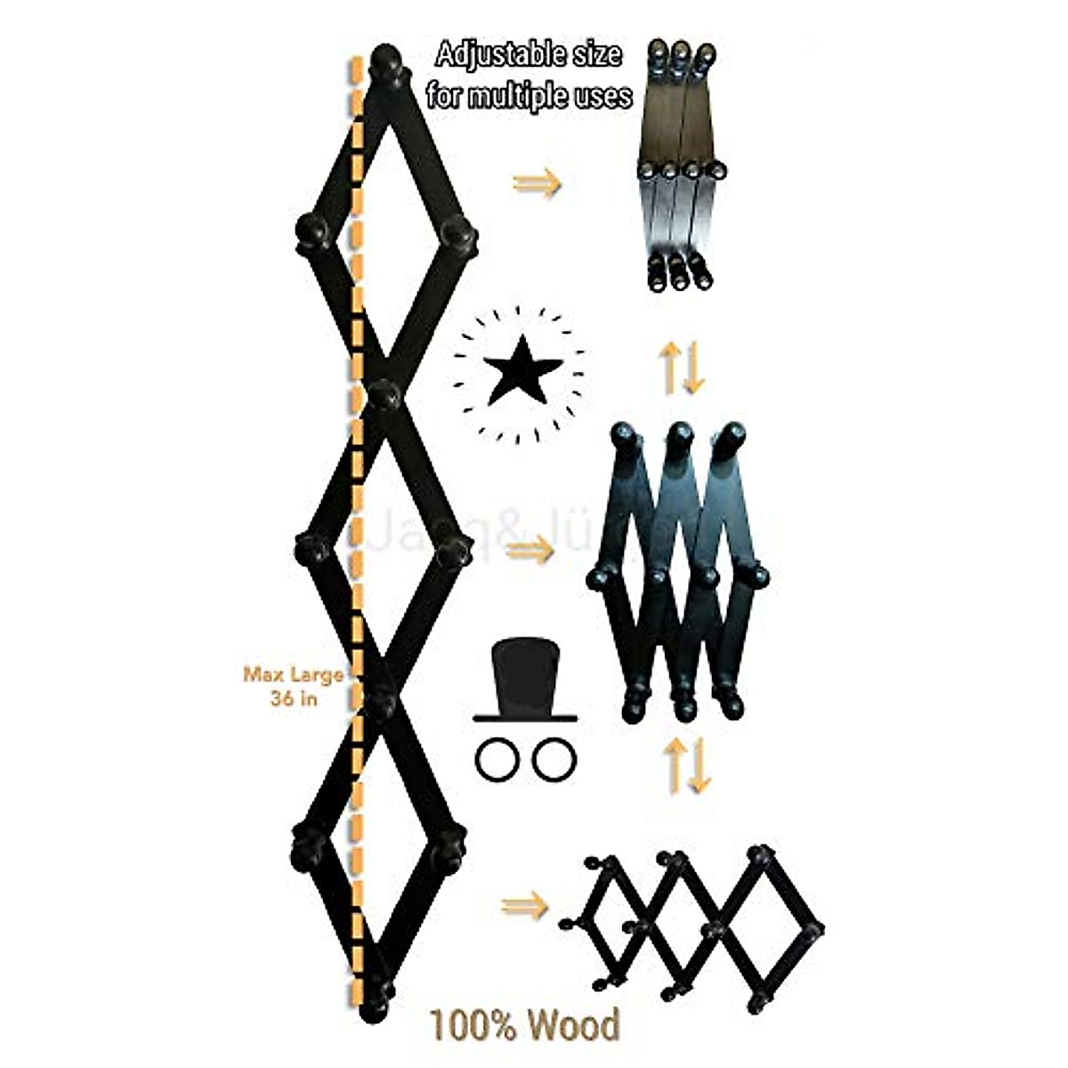 Jacq & Jürgen Expandable 10 Peg Wall Mount Storage Rack 100% Wooden & Black Color