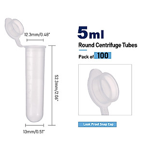 100Pcs 5ml Round Bottom Centrifuge Tubes with 2Pcs Racks, Plastic Clear Lab Test Tubes with Snap Caps, Sample Tubes Vials with Graduated Measuring Scale