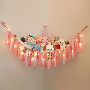 Lewondr Stuffed Animal Hammock, Dense Stuffed Animal Net or Hammock with Transitional Fringes, DIY Ribbons Great Decor Stuffed Animal Storage, 138'' Star Light String, 39'' x 39'' x 59, Pink