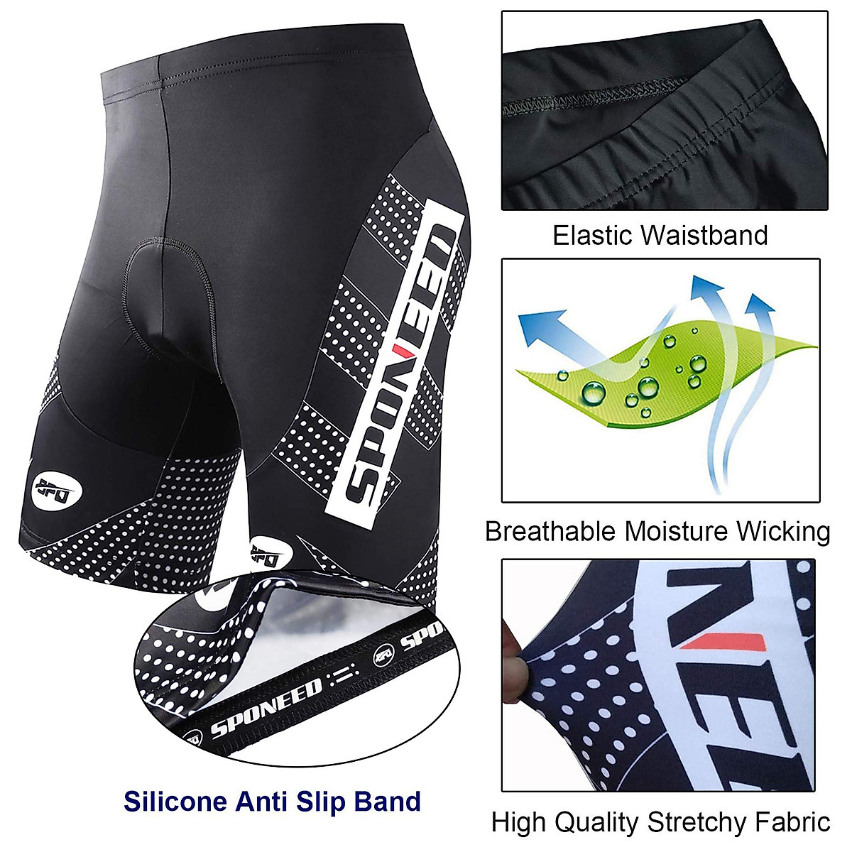 SPONEED Men Bicycle Shorts, Black with White, US L (CN XL)
