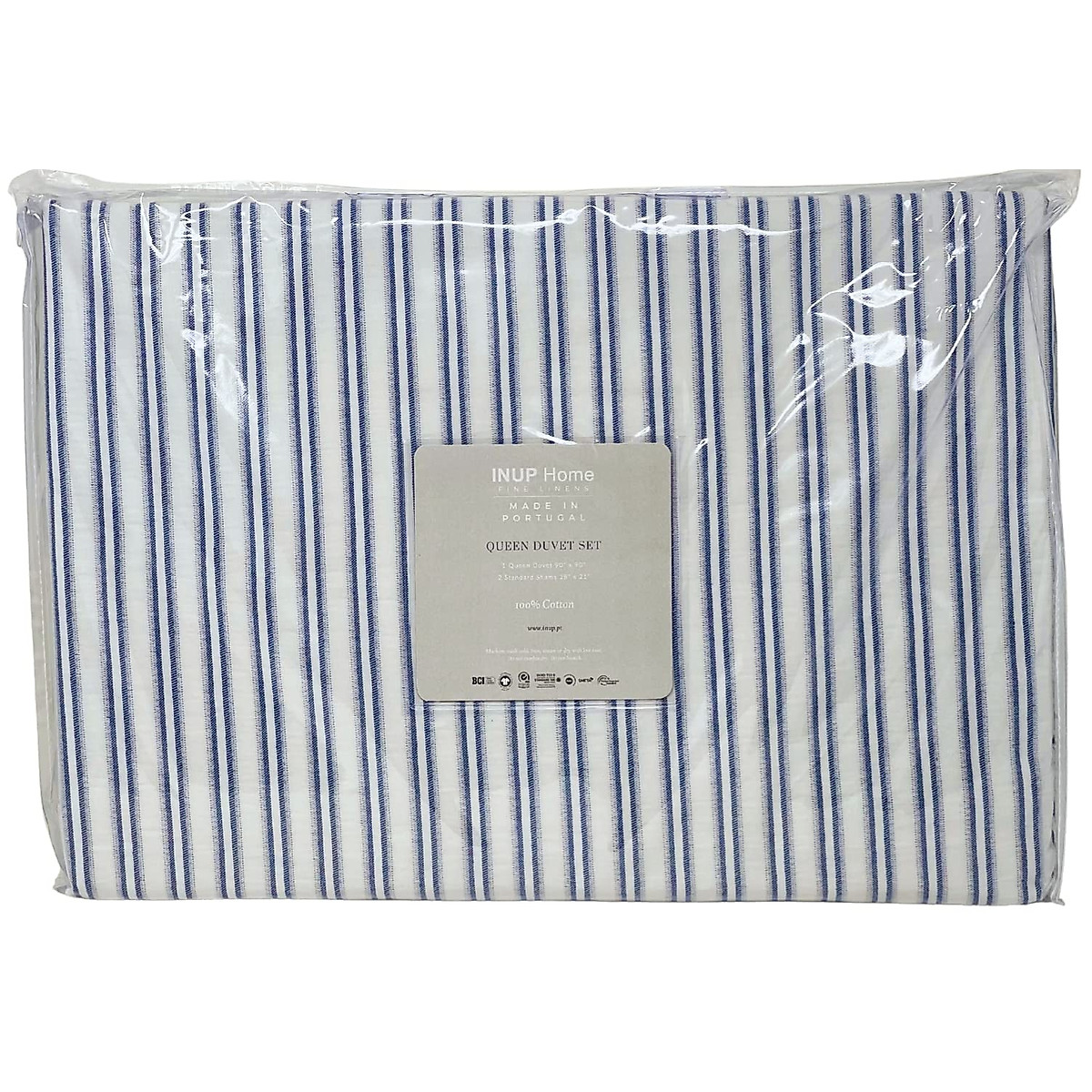 INUP Home 100% Cotton Made in Portugal 3 Piece Duvet Set Matelasse French Country Multi Colors Stripe Solid on White Background (Double Blue Stripes, Queen (U.S. Standard))