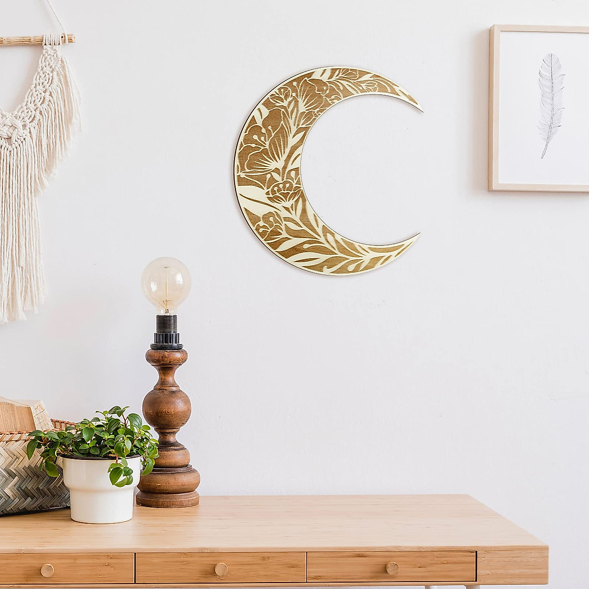 Moon Decor Rustic Moon Phase Bohemian Wall Art Nordic Wood Aesthetic Bedroom Wall Art Natural Design Wall Hanging Beautiful Moon Sign with Flowers for Home Apartment Living Room Wall Gallery Decor